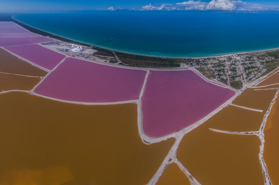 Pink Lagoons of Las Coloradas, in Mexico, aerial view by drone!
